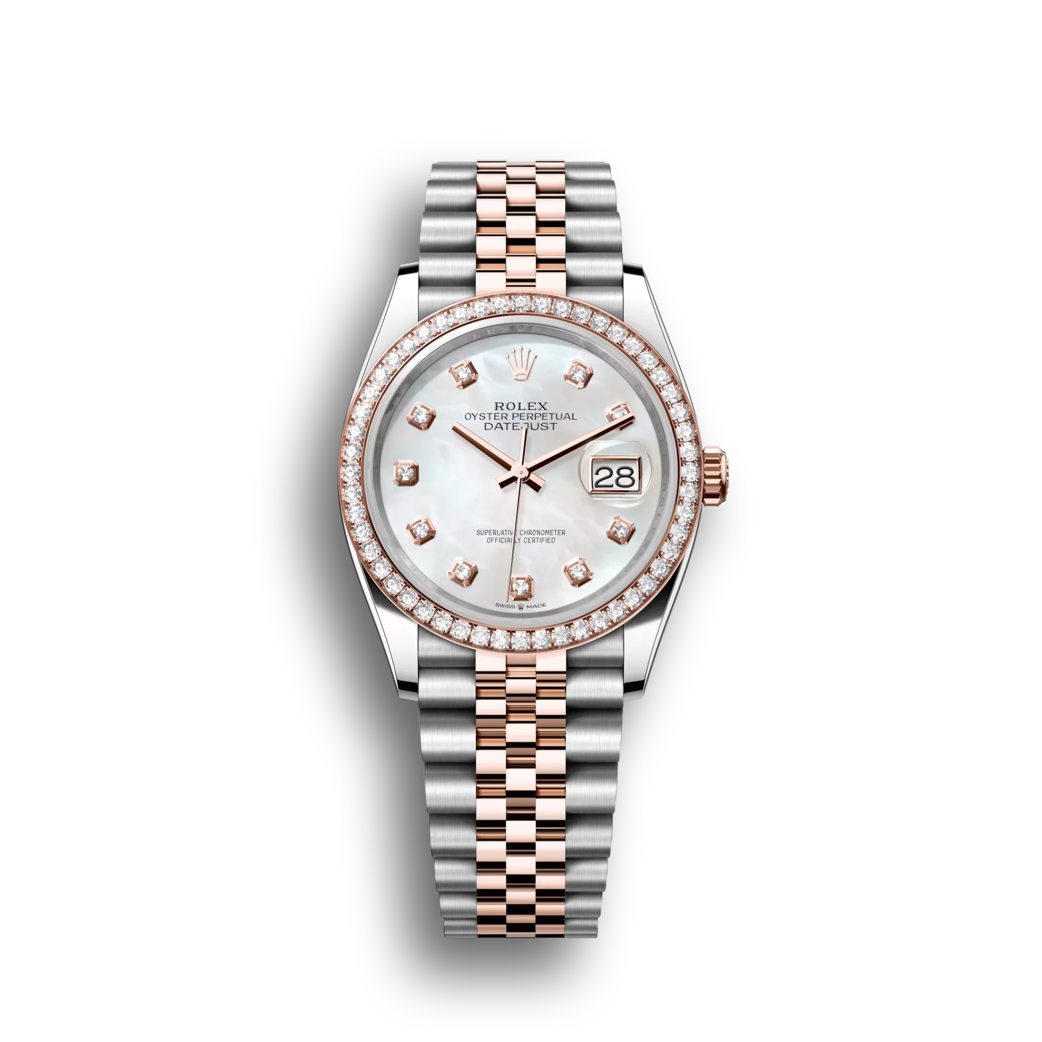 Rolex Datejust: 36 mm, Everose gold, white mother-of-pearl, diamond-set ...